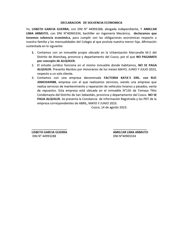 Declaracion de Solvencia Economica | PDF | Negocios