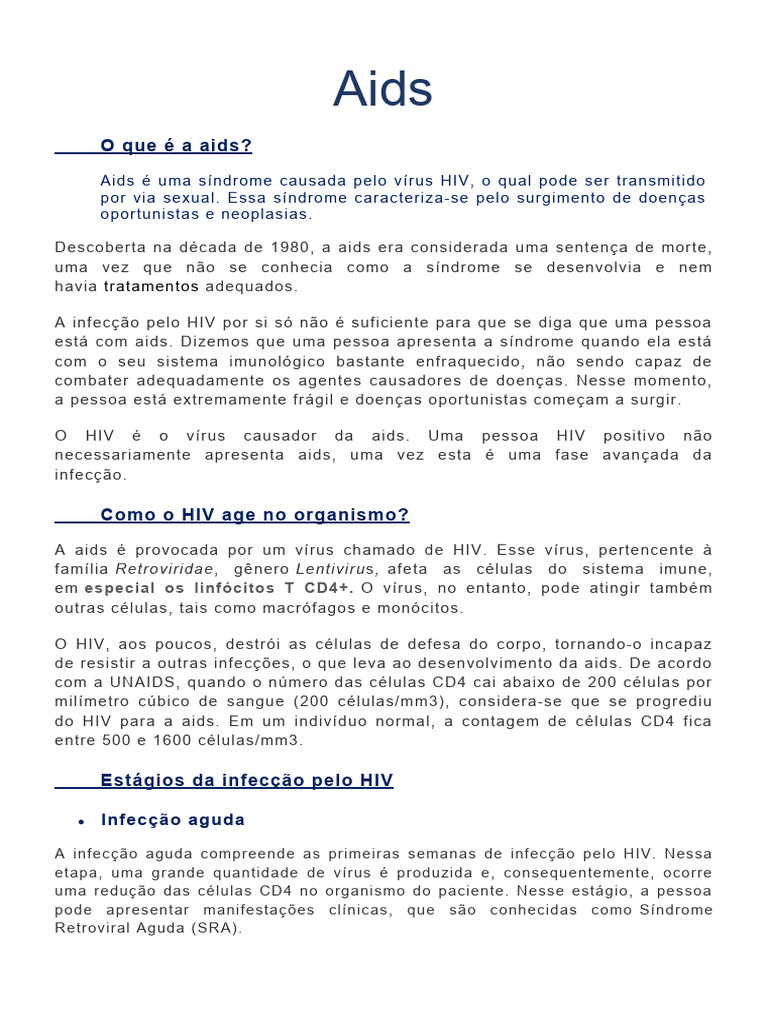 AIDS Resumo | PDF | HIV/AIDS | HIV