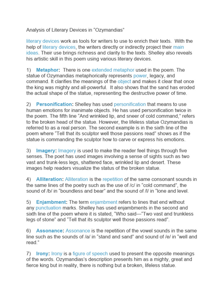 Literary Devices in "Ozymandias" Analysis | PDF | Poetry