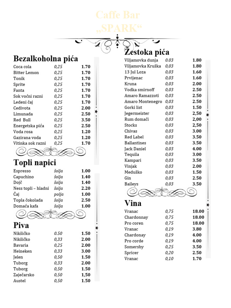 Cafe Bar Spark - Cjenovnik | PDF
