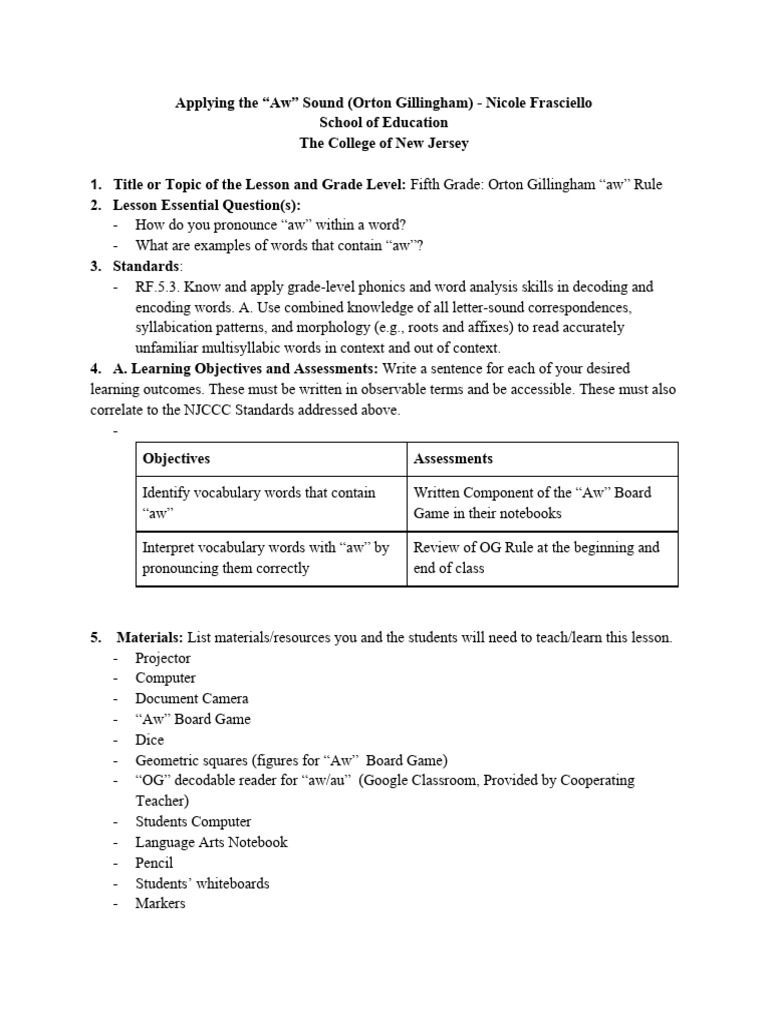 Lesson Plan II Aw Og Rule 1 | PDF | Word | Question