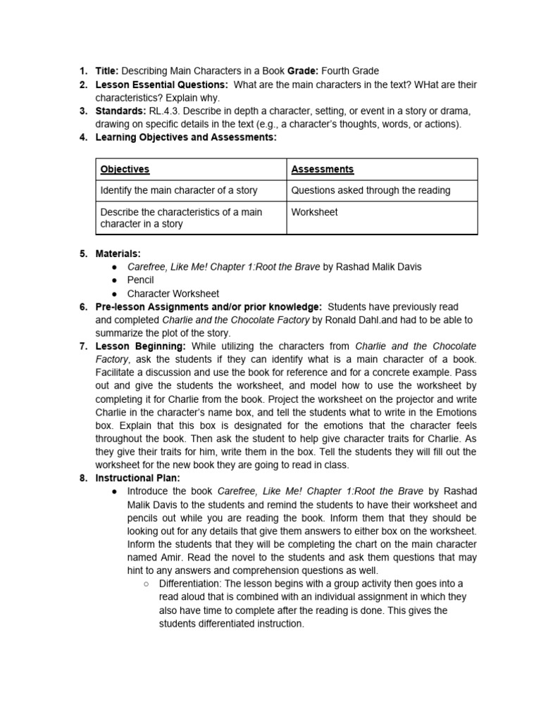 Describing Main Characters Lesson Plan - Nicole Frasciello | PDF ...