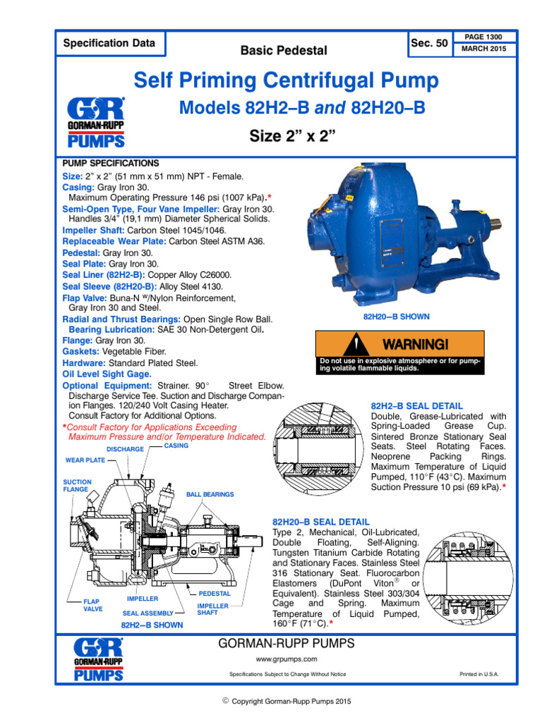 Self Priming Centrifugal Pump: Models 82H2-B and 82H20-B | PDF