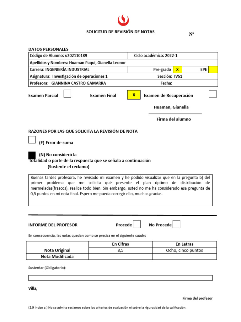 Formato de Solicitud de Cambio de Nota - AC | PDF