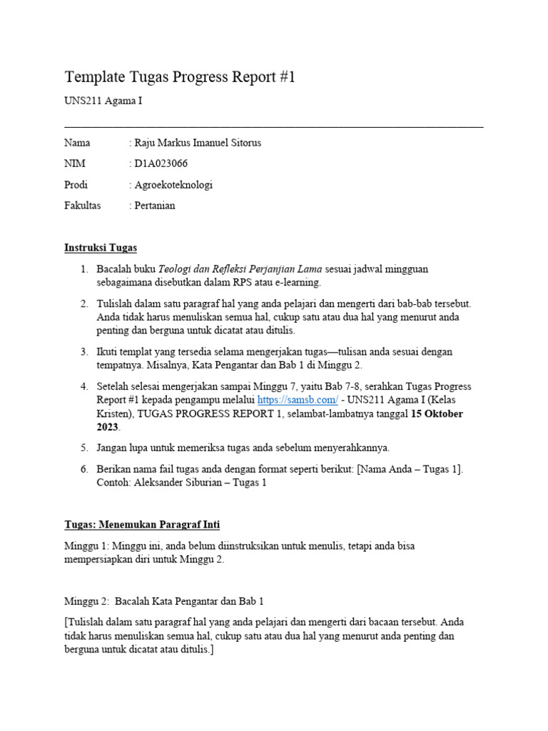 Template Tugas Progress Report 1 UNS211 | PDF