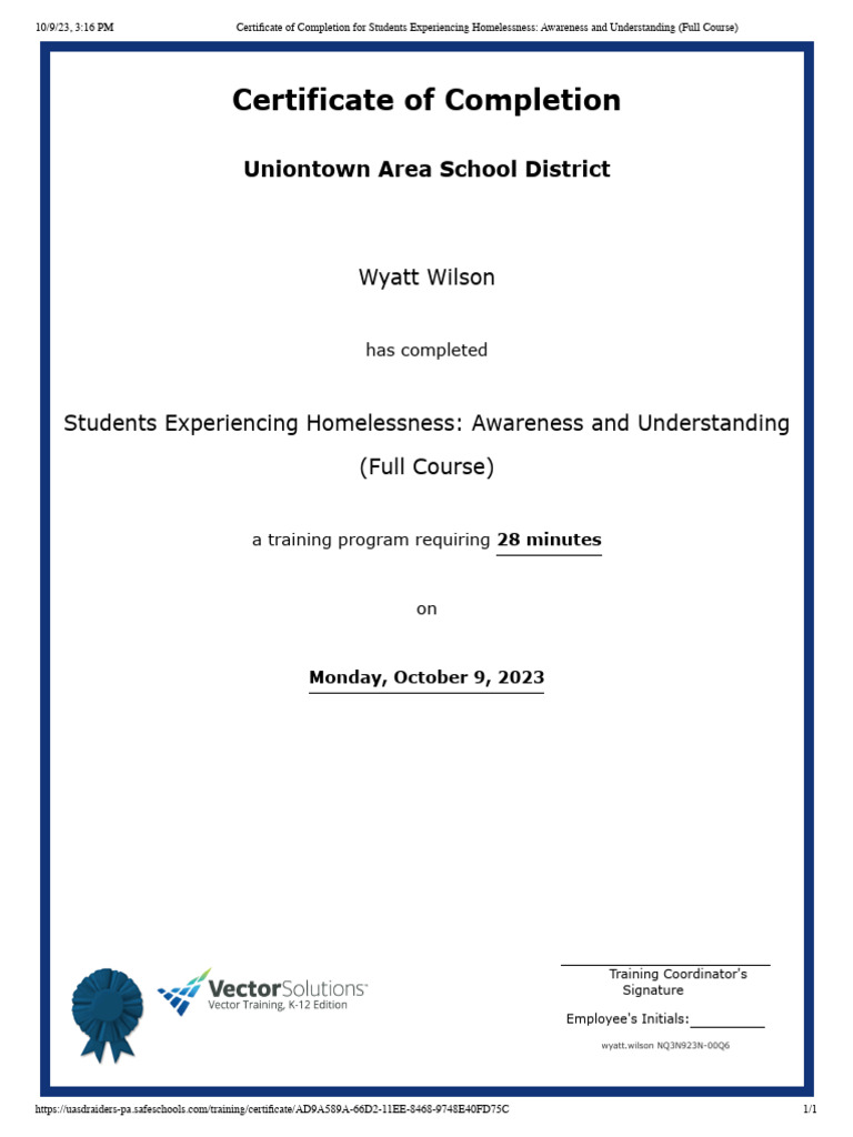 Certificate of Completion For Students Experiencing Homelessness ...