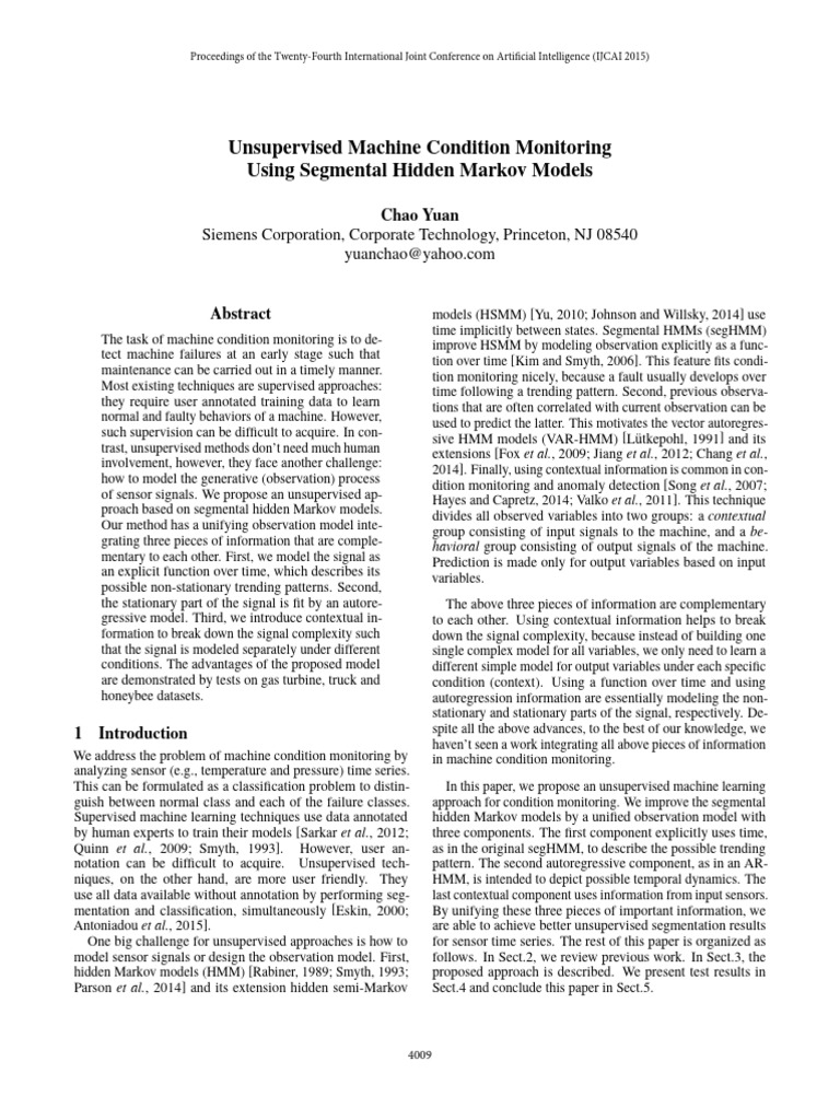 Unsupervised Machine Condition Monitoring Using Segmental Hidden Markov Models | PDF | Teaching ...