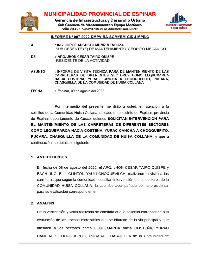 168 REMITO INFORME DE VISITA TECNICA Huisa | PDF