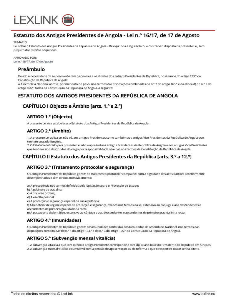 Estatuto Dos Antigos Presidentes de Angola Lei No 1617 de 17 de Agosto ...