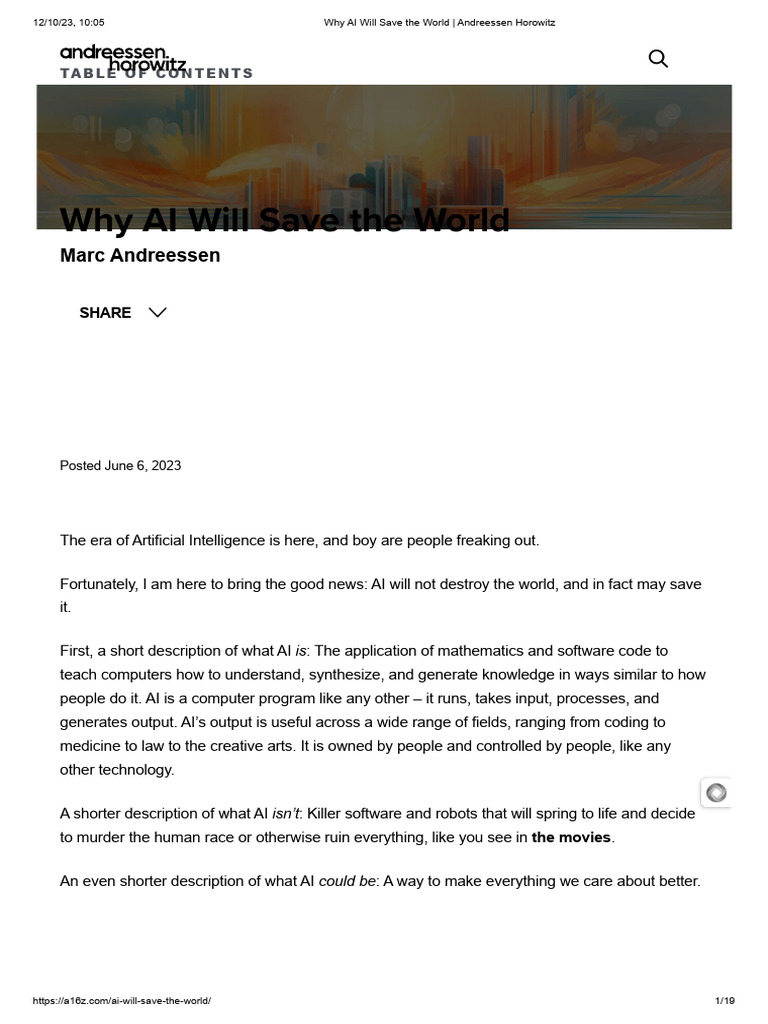 Why AI Will Save The World - Andreessen Horowitz | Download Free PDF ...