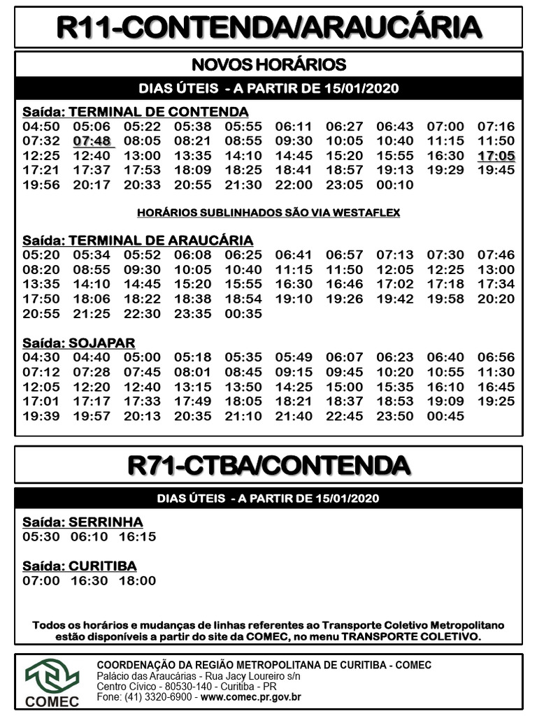 Horários de Ônibus Contenda/Araucária | PDF