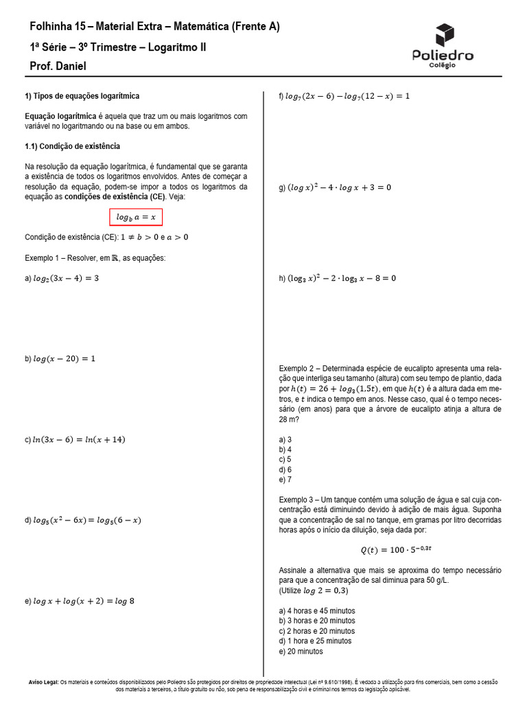 Folhinha 15 Logaritmo Ii Pdf Logaritmo Equações