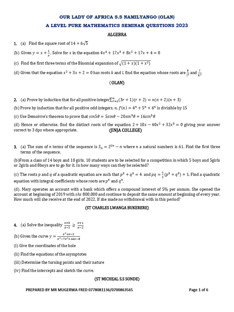 A Level Pure Mathematics Seminar Questions 2023 | PDF