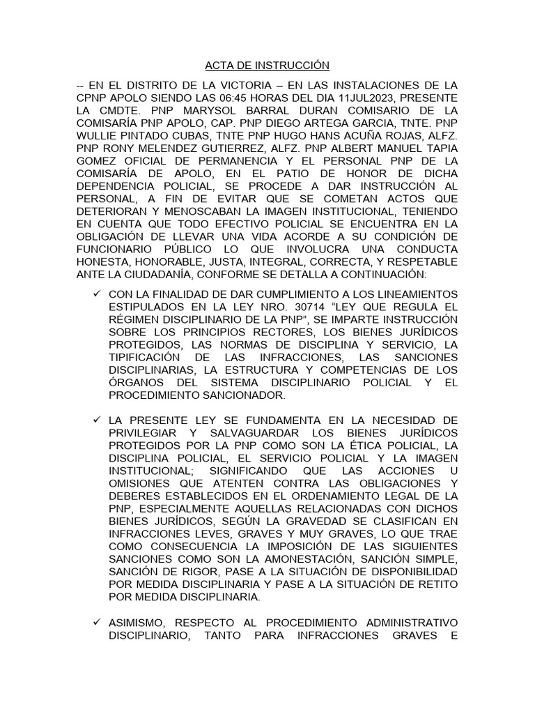 ACTA DE INSTRUCCIÓN LEY 30714 | PDF | Disciplinas | Gobierno