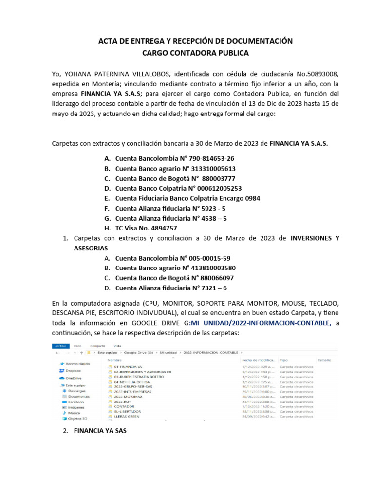 Acta de Entrega y Recepción de Documentación | PDF