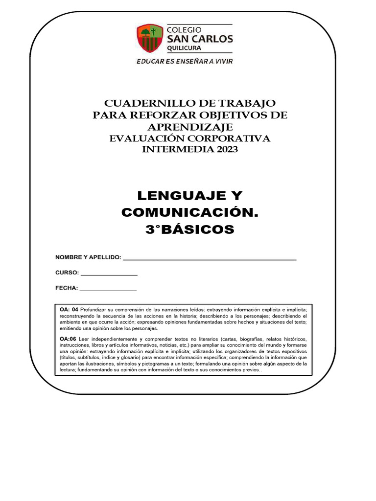 3â° Lenguaje Cuadernillo Evaluaciã - N Corporativa Intermedia 2023 (12 Junio) | PDF | Información