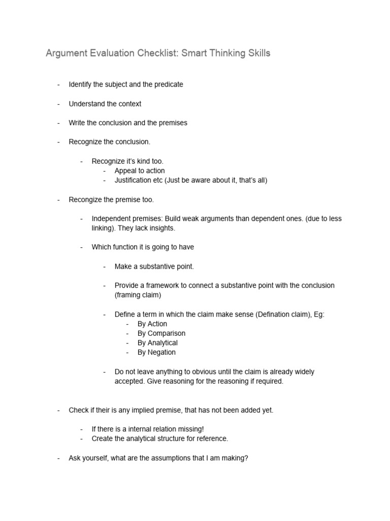 Argument Evaluation Checklist - Smart Thinking Skills | PDF | Argument ...
