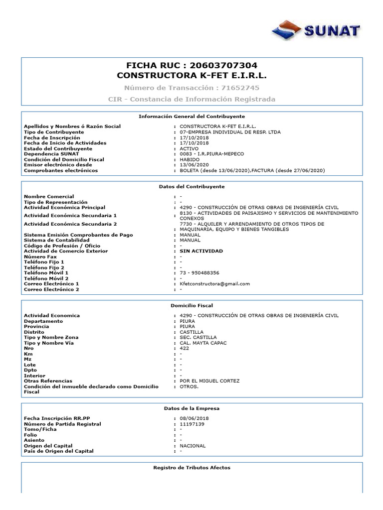 Ficha Ruc-Constructora K-Fet Eirl | PDF | Economias | Industrias de servicio