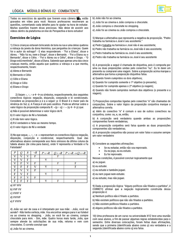 Combatente - Lógica - Módulo Bônus 02 | PDF | Expressões lógicas | Sintaxe (lógica)