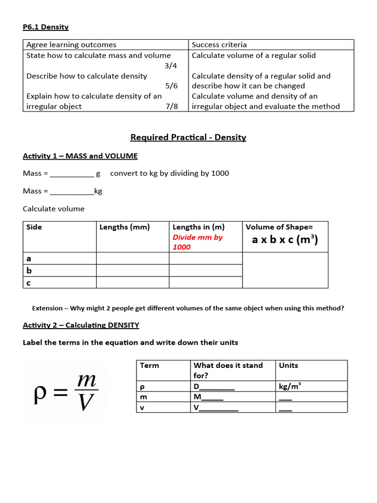 P6.1 Density Worksheet | PDF | Density | Volume