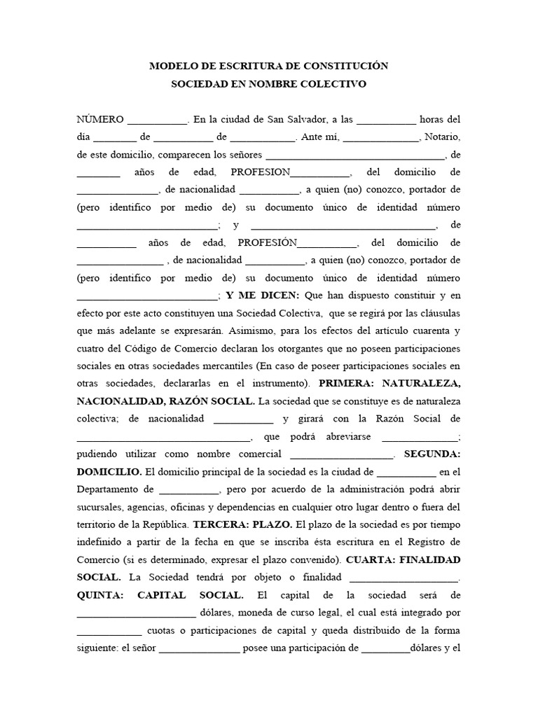 Modelo Sociedad en Nombre Colectivo. | PDF | Sociedad | Sociedad de responsabilidad limitada