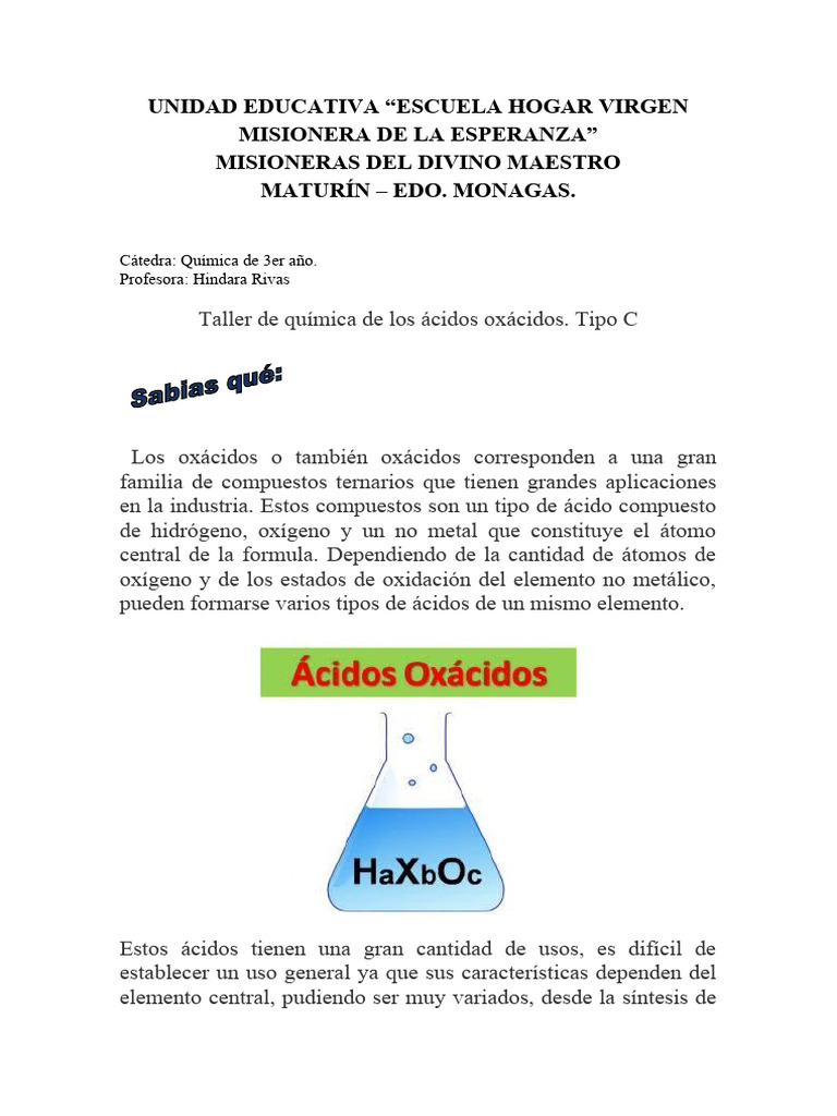 Taller de Química: Ácidos Oxácidos | PDF | Ácido | Compuestos químicos