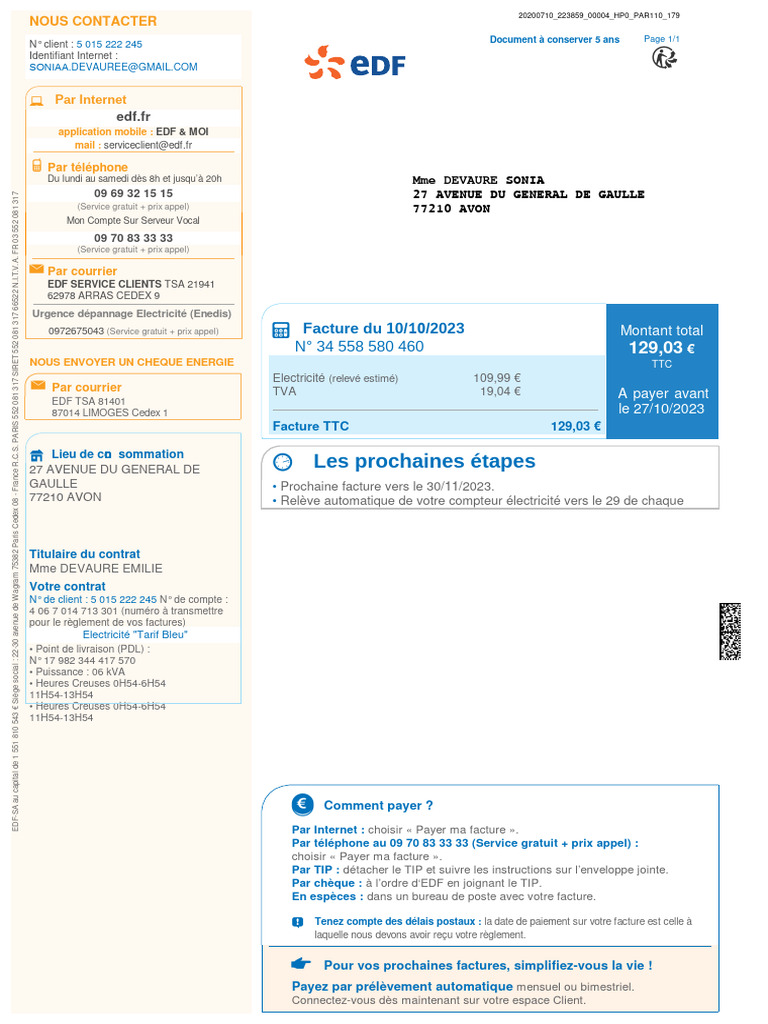 Facture EDF d'électricité 10/10/2023 | PDF | Facture