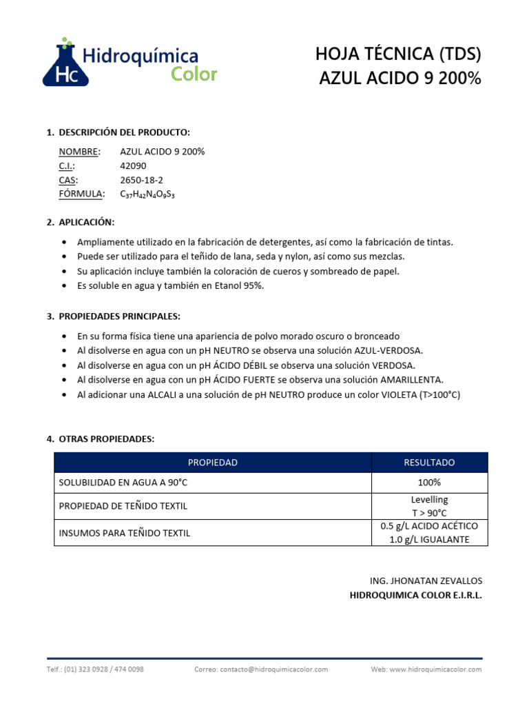 Ficha Técnica del Ácido Azul 9 | PDF | Cocina, comidas y vino | Tecnología