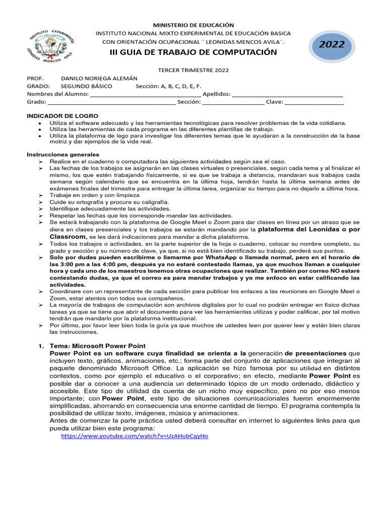 III GUIA DE TRABAJO COMPUTACION 2do Básico 2022 | PDF
