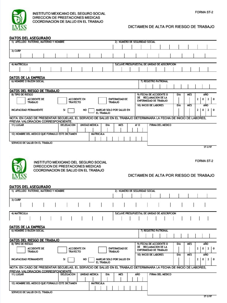 Formato ST-2, Dictamen de alta por riesgo de trabajo | PDF