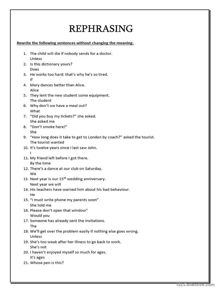 44 Sentences To Practise Rephrasing | PDF