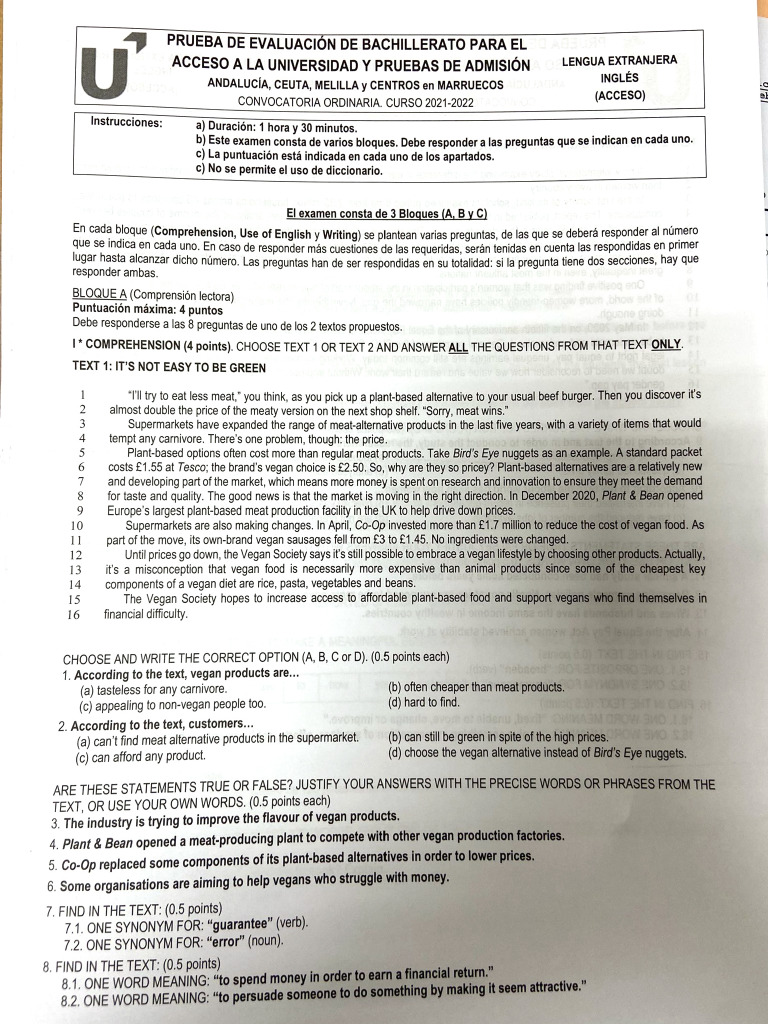 Examen Inglés Selectividad Andalucía 2022 | PDF