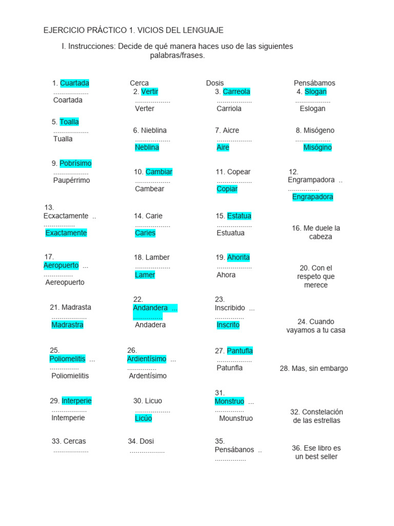 Corregido Ejercicio Práctico. Vicios Del Lenguaje | PDF