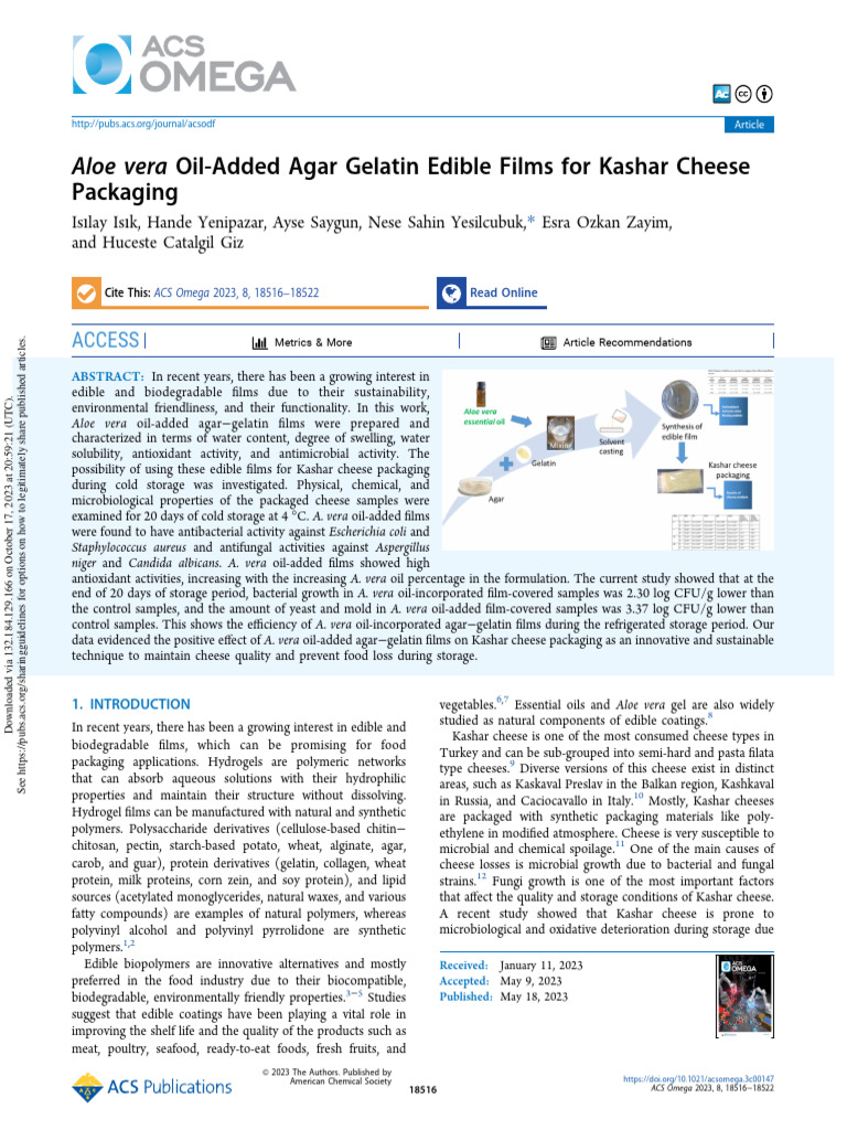 Isık Et Al 2023 Aloe Vera Oil Added Agar Gelatin Edible Films for ...