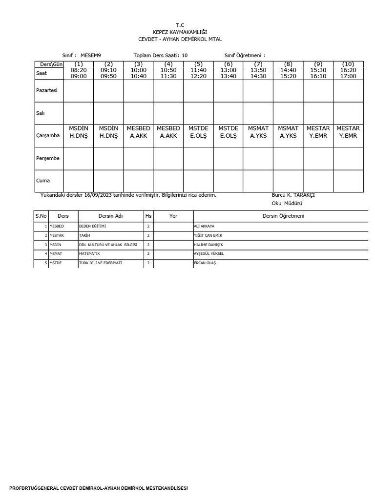 18.09.2023 Sinif Ders Programi | PDF
