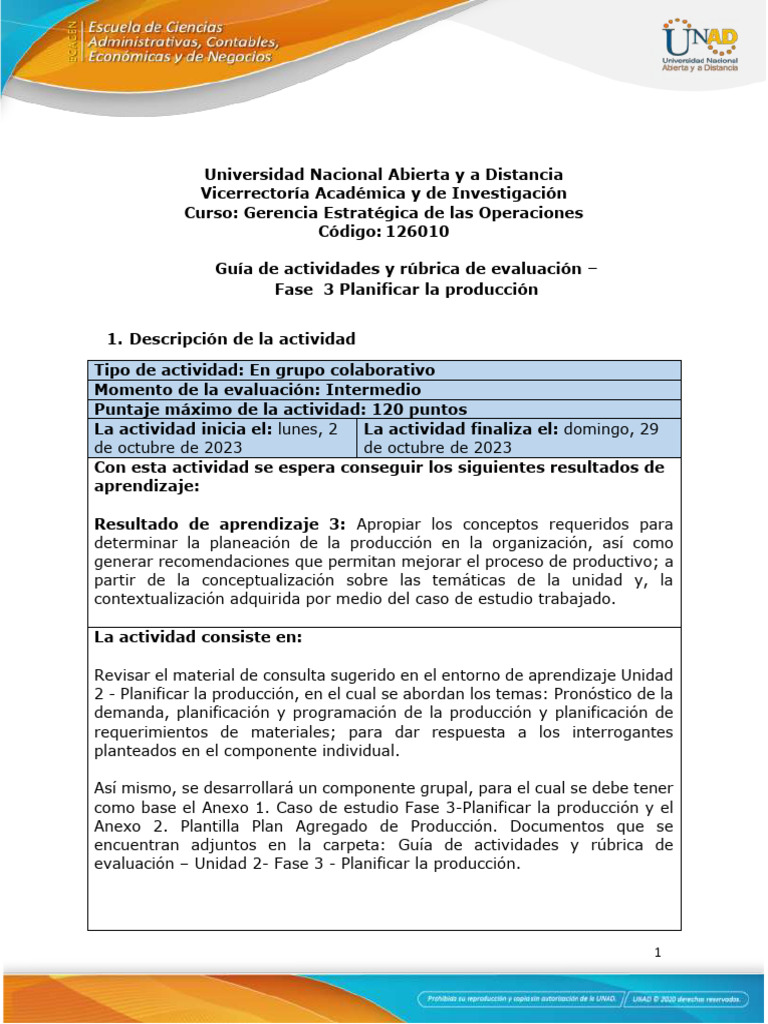 Guia de Actividades y Rúbrica de Evaluación - Unidad 2 - Fase 3 - Planificar La Producción | PDF