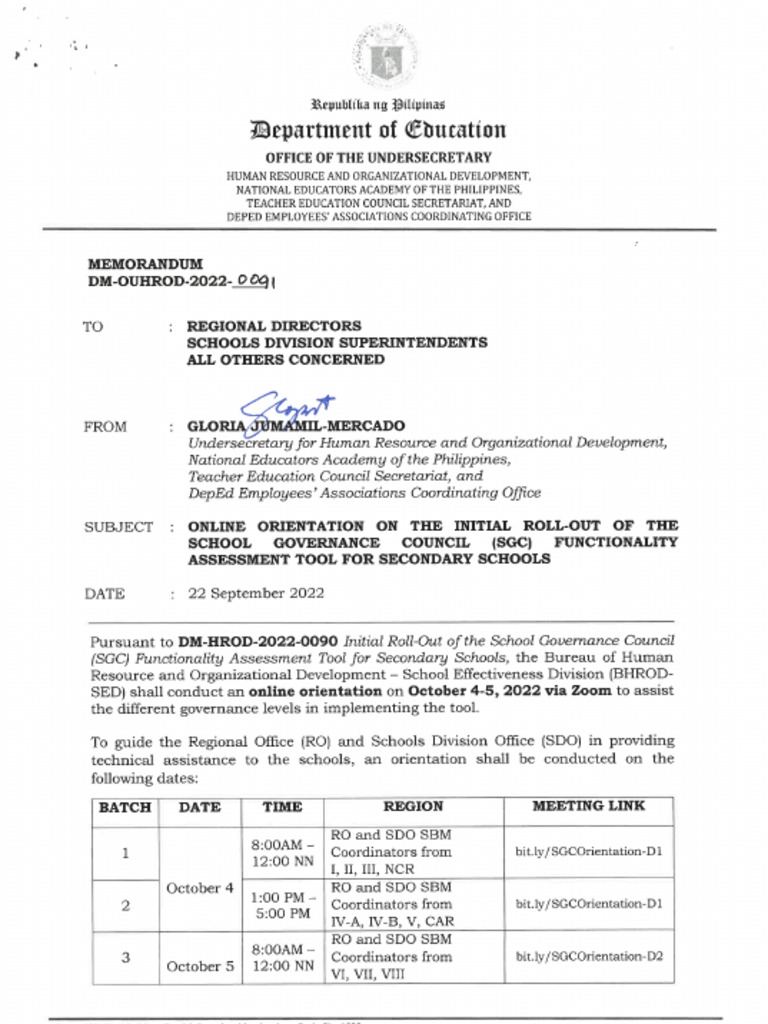 Memo - ONLINE ORIENTATION on the Initial Roll-Out of the SGC Functionality Assessment Tool for ...