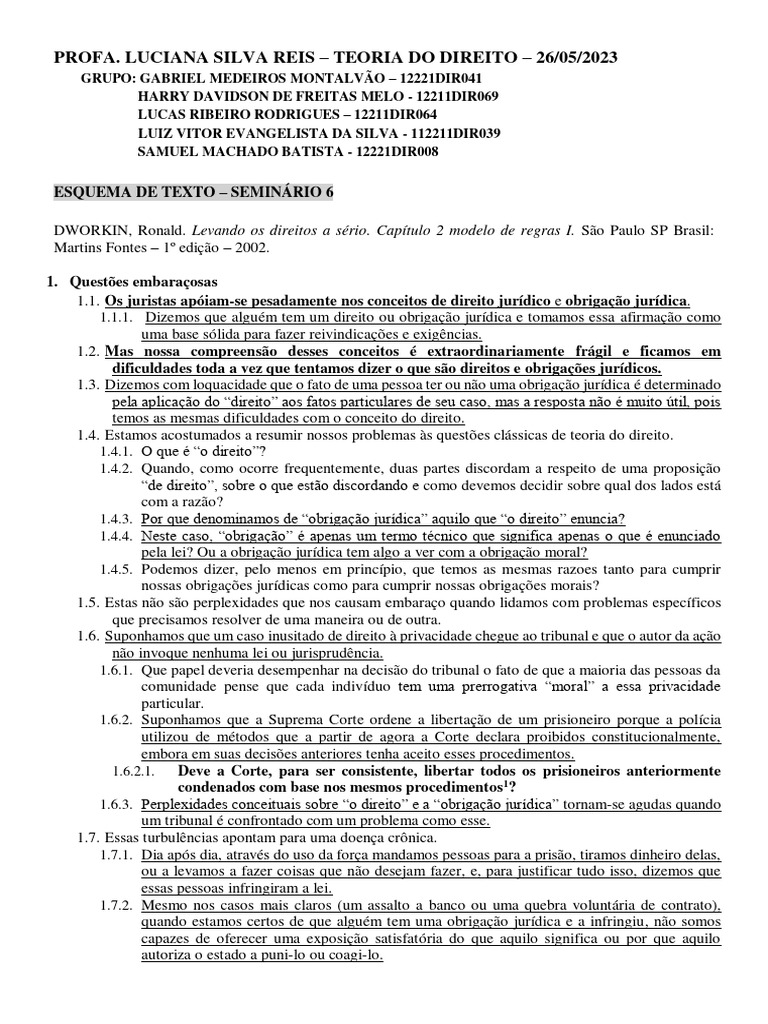 Seminário 6 - Esquema de Texto - Dworkin, Cap. II | PDF | Juiz | Sociologia