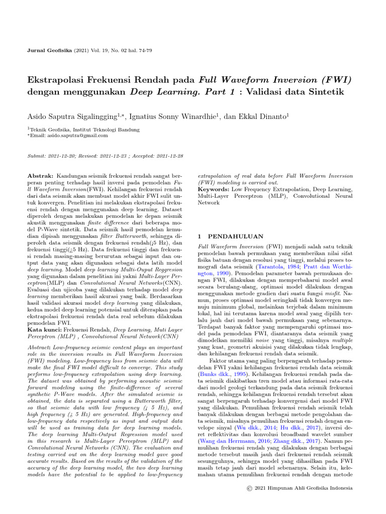 Ekstrapolasi Frekuensi Rendah Pada Full Waveform Inversion (FWI) Dengan Menggunakan Deep ...