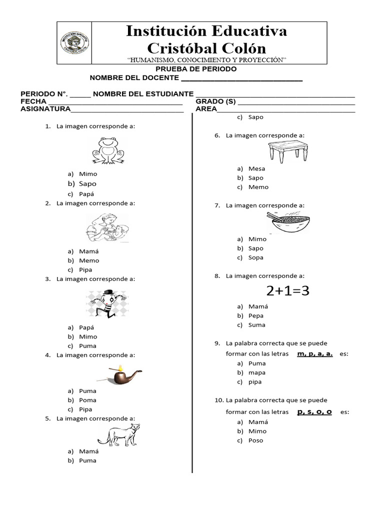 Evaluación Primer Periodo Español 1 Pdf