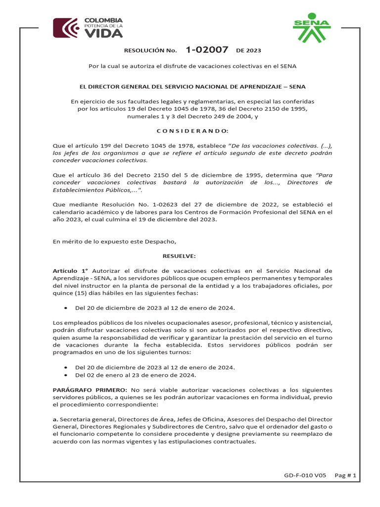 Res.1-2007 Vacaciones Colectivas | PDF