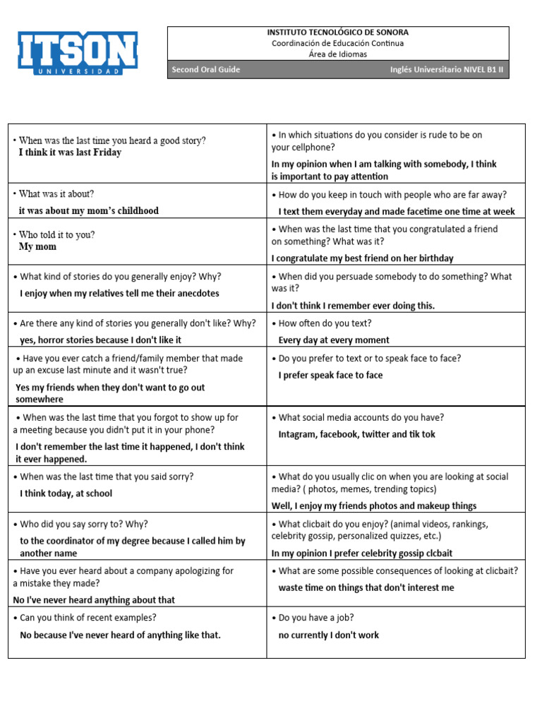 B1 English Oral Guide: Communication Topics | PDF | Career & Growth