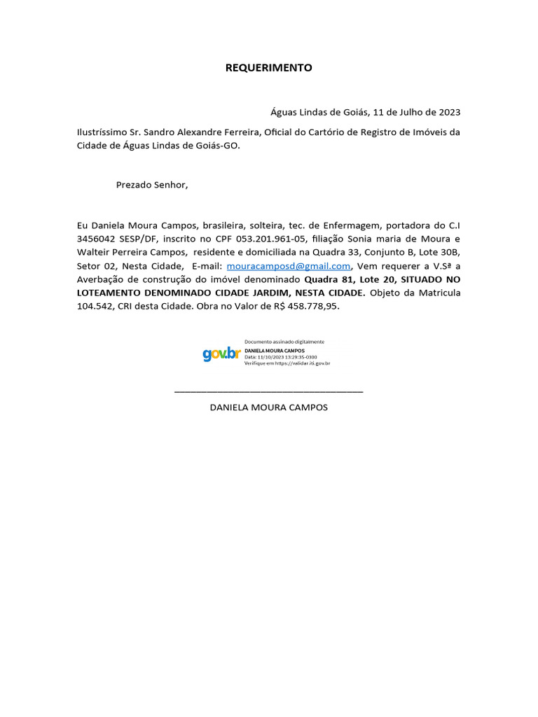 Requerimento de Averbacao de Obra Assinado | PDF