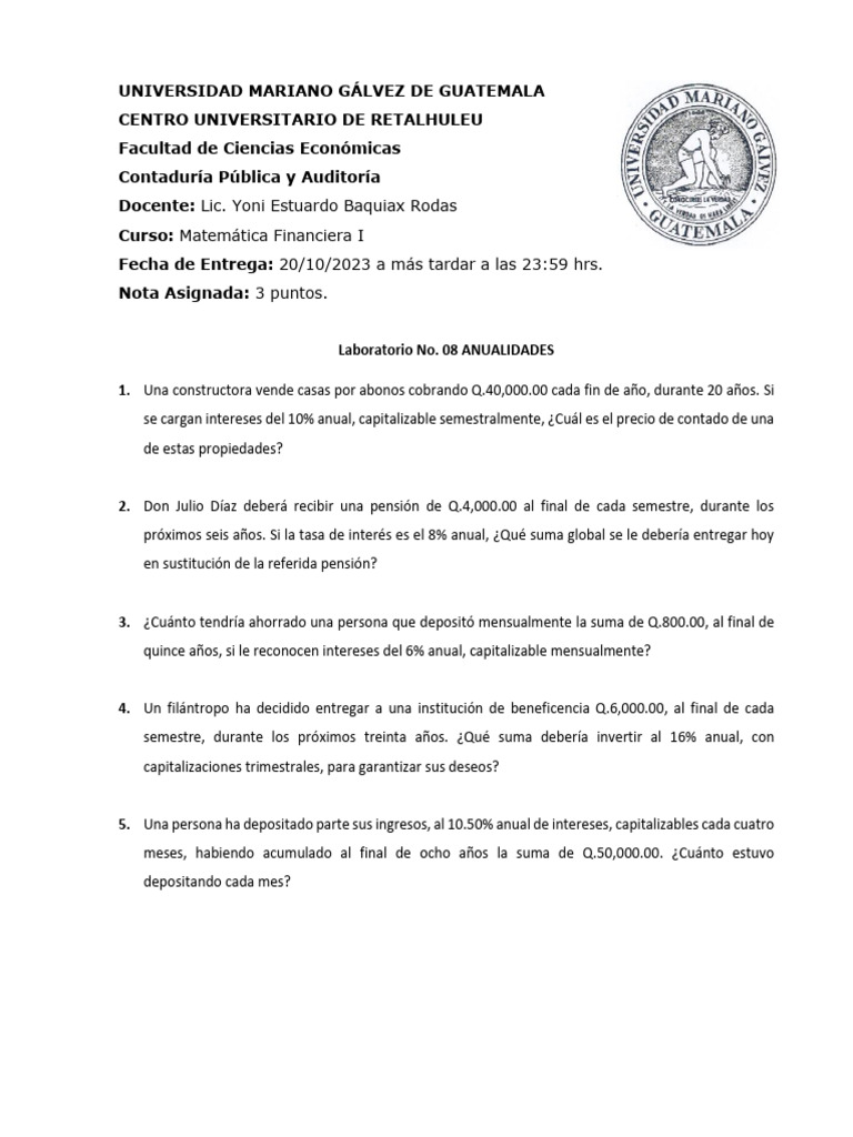 Laboratorio No. 08 ANUALIDADES | PDF | Finanzas y dinero