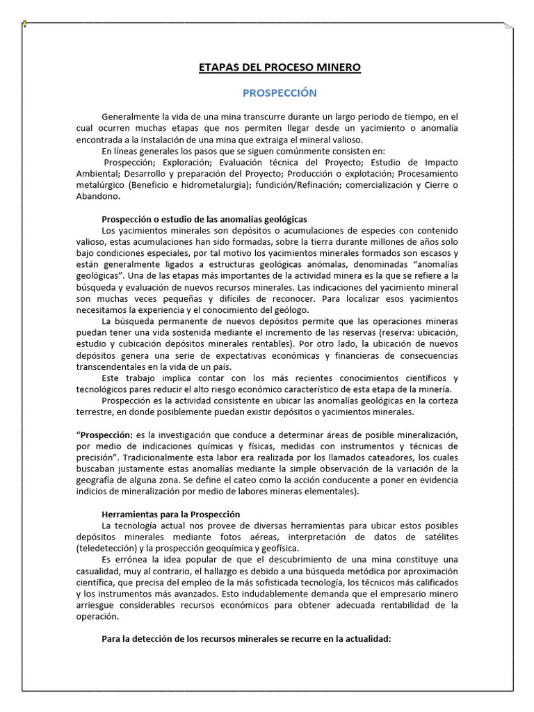 Etapas del Proceso Minero | PDF | Minería | Prospección