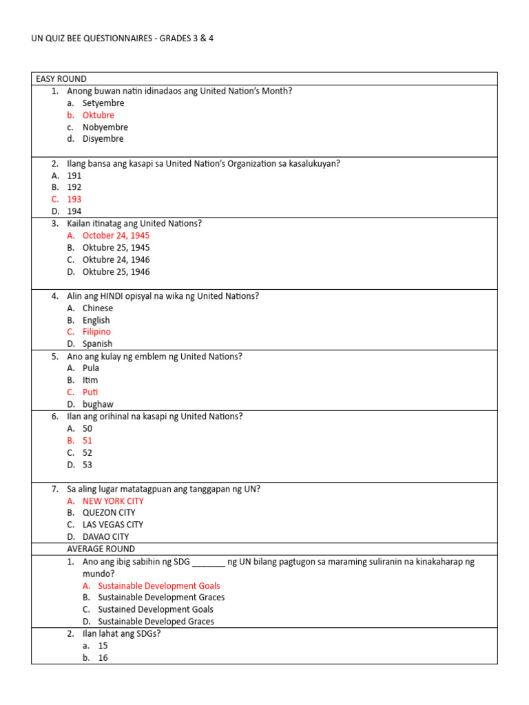 Un Quiz Bee Questions | PDF