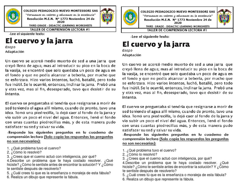 Taller Comprensión Lectora 3er Grado | PDF