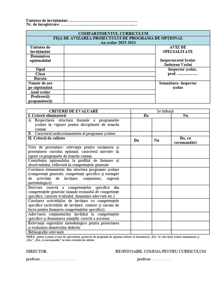 Fisa de Avizare - Disciplina Optionala - Invatamant Primar 2023 2024 | PDF