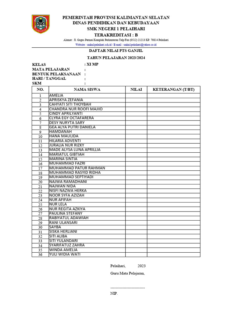 Blanko Nilai Kelas XI PTS | PDF