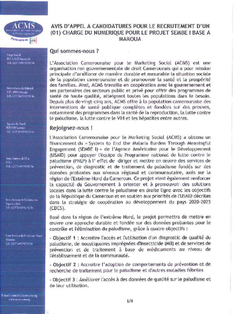 Avis Appel A Candidatures Pour Le Recrutement de 01 Charge Du Numerique ...